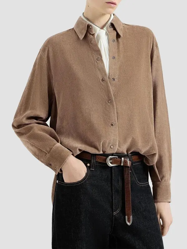 Brunello Cucinelli Fluid Corduroy Shirt With Monili - Espresso