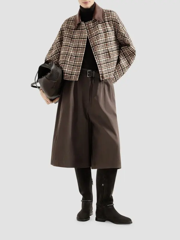 Brunello Cucinelli Comfort Checked Wool And Alpaca Outerwear Jacket With Leather Collar - Brown