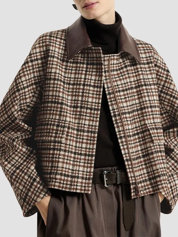 Brunello Cucinelli Comfort Checked Wool And Alpaca Outerwear Jacket With Leather Collar - Brown