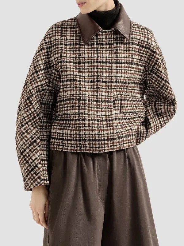 Brunello Cucinelli Comfort Checked Wool And Alpaca Outerwear Jacket With Leather Collar - Brown