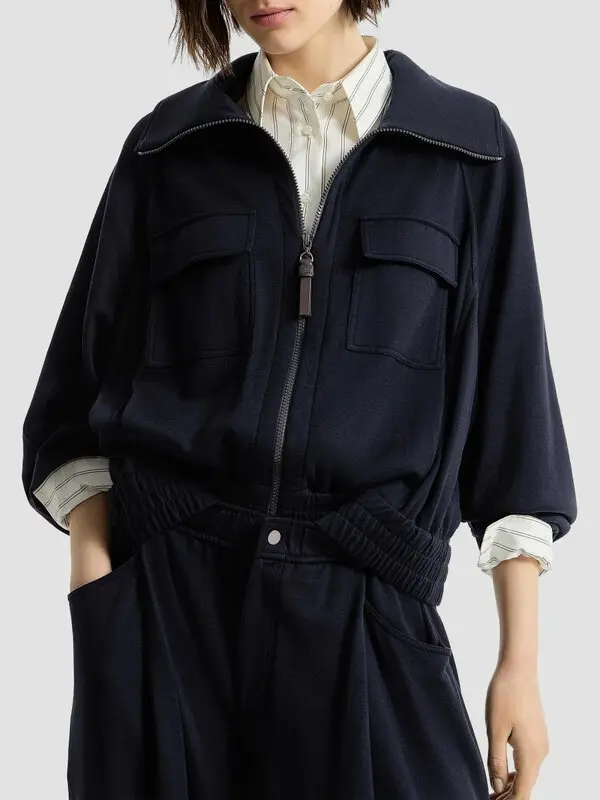 Brunello Cucinelli Cotton And Silk Interlock Cardigan With Shiny Zipper Pull