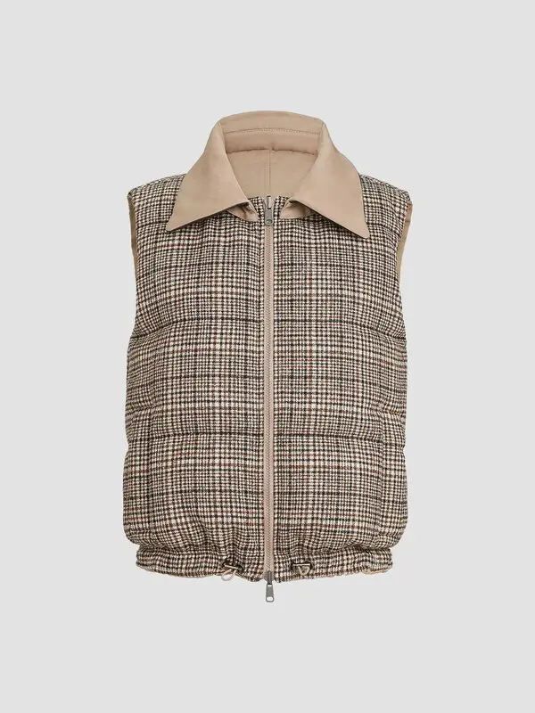 Brunello Cucinelli Twill And Prince Of Wales Reversible Down Vest With Detchable Leather Collar