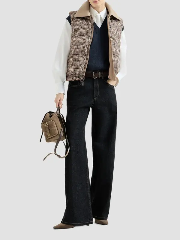 Brunello Cucinelli Twill And Prince Of Wales Reversible Down Vest With Detchable Leather Collar