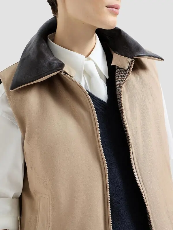 Brunello Cucinelli Twill And Prince Of Wales Reversible Down Vest With Detchable Leather Collar