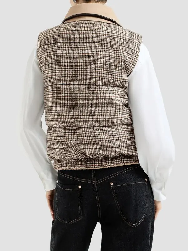 Brunello Cucinelli Twill And Prince Of Wales Reversible Down Vest With Detchable Leather Collar