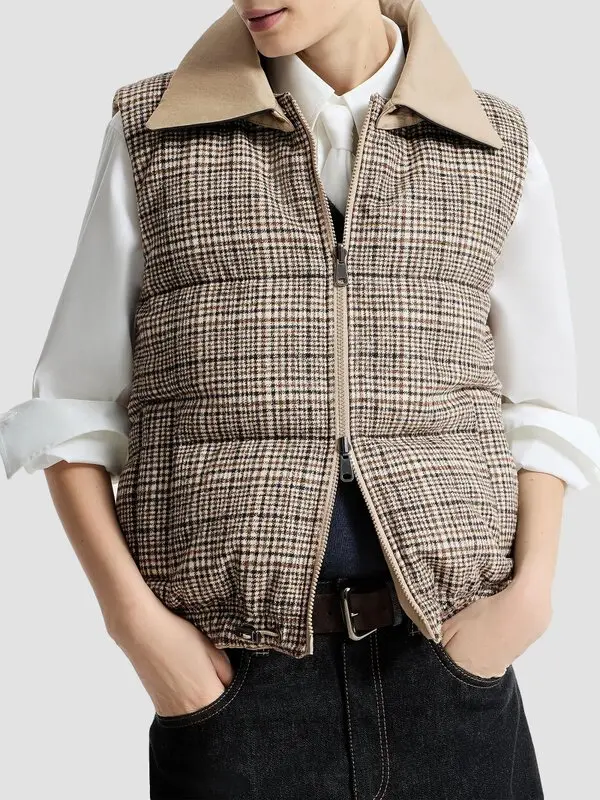 Brunello Cucinelli Twill And Prince Of Wales Reversible Down Vest With Detchable Leather Collar