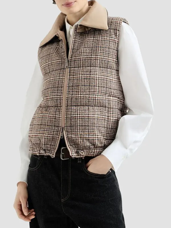 Brunello Cucinelli Twill And Prince Of Wales Reversible Down Vest With Detchable Leather Collar