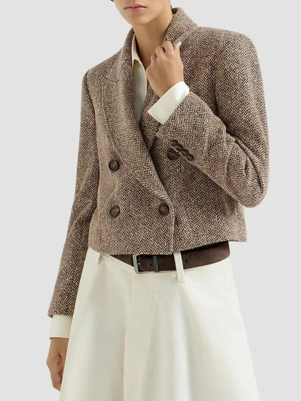 Brunello Cucinelli Sparkling Virgin Wool Chevron Cropped Blazer