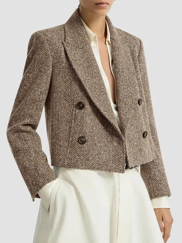Brunello Cucinelli Sparkling Virgin Wool Chevron Cropped Blazer