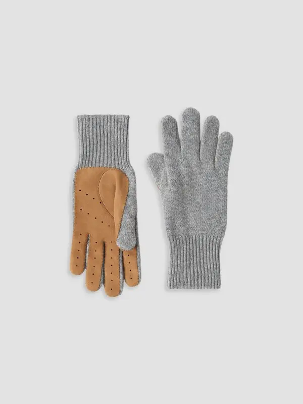 Brunello Cucinelli Cashmere Knit Gloves With Suede Palm - Light Grey