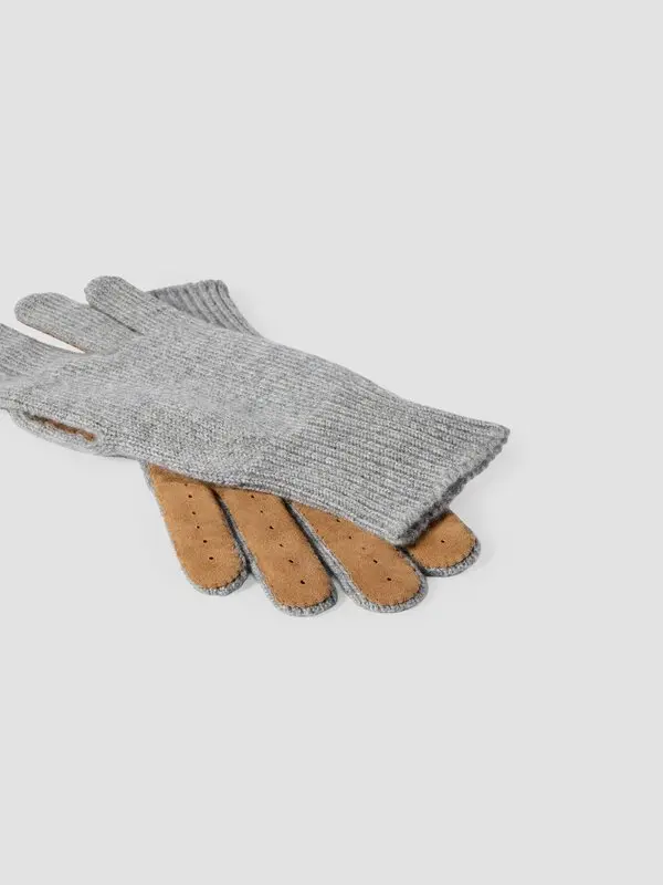 Brunello Cucinelli Cashmere Knit Gloves With Suede Palm - Light Grey