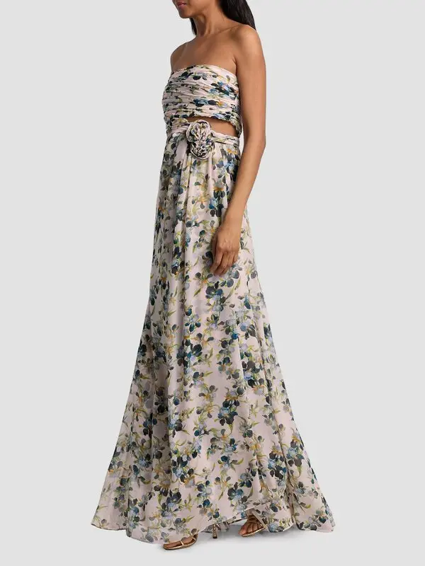 Cinq À Sept Magy Trailing Iris Floral Strapless Gown - Rosy Cloud Multi