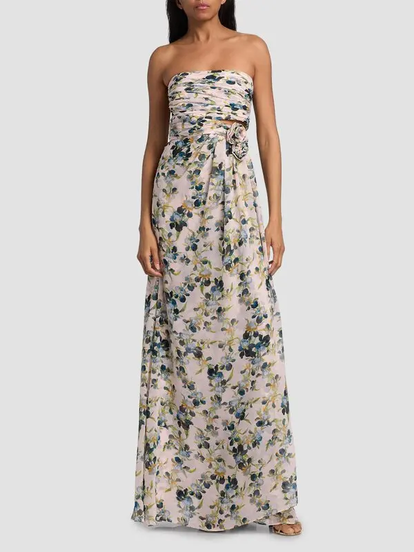 Cinq À Sept Magy Trailing Iris Floral Strapless Gown - Rosy Cloud Multi