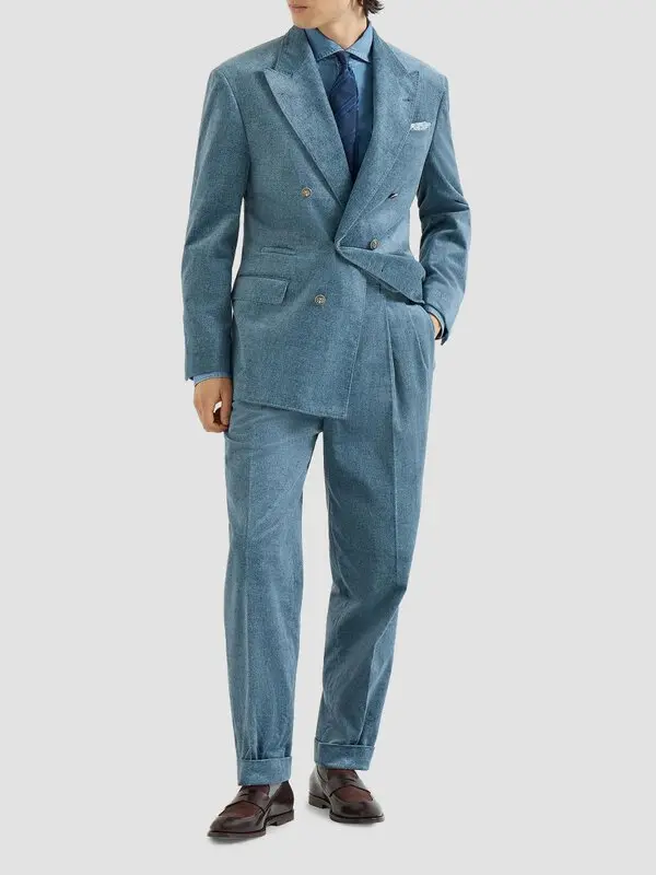 Brunello Cucinelli Denim-effect Cotton Velvet Trousers With Double Pleats