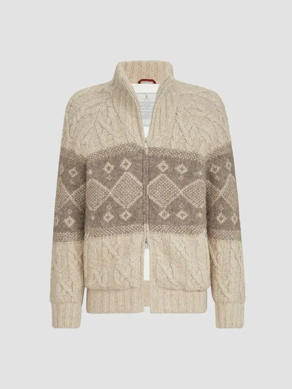 Brunello Cucinelli Virgin Wool, Silk And Cashmere Chiné Cable Knit Down Jacket