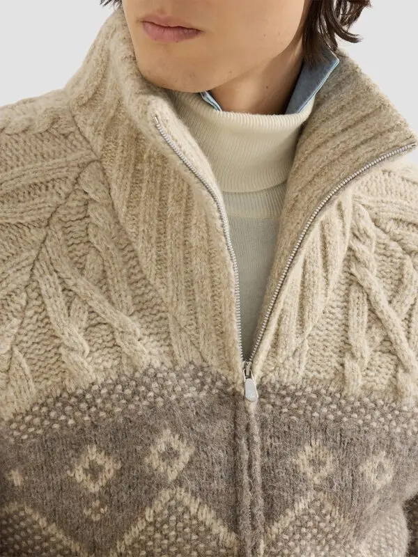 Brunello Cucinelli Virgin Wool, Silk And Cashmere Chiné Cable Knit Down Jacket