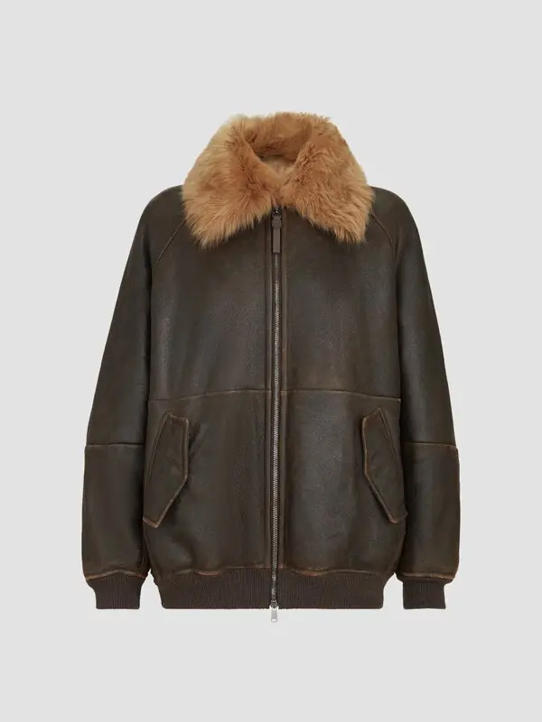 Brunello Cucinelli Vintage-effect Shearling Bomber Jacket With Shiny Zipper Pull