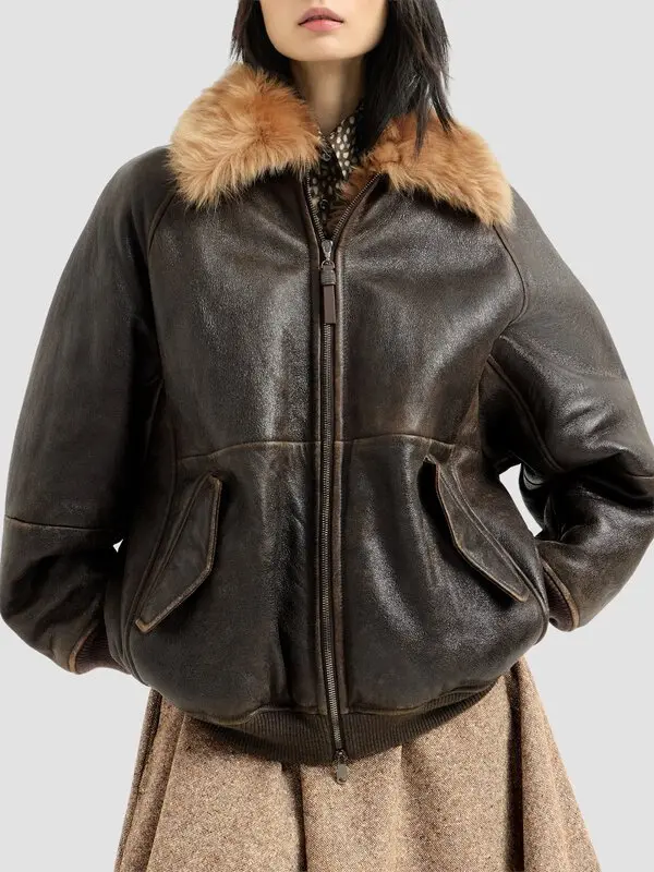 Brunello Cucinelli Vintage-effect Shearling Bomber Jacket With Shiny Zipper Pull