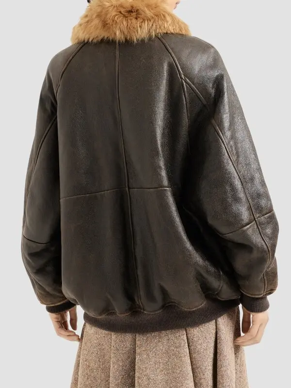 Brunello Cucinelli Vintage-effect Shearling Bomber Jacket With Shiny Zipper Pull