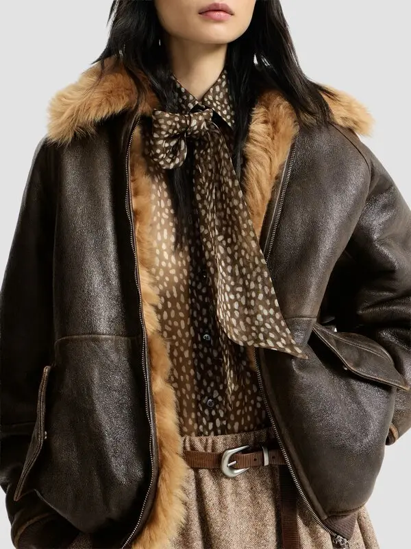 Brunello Cucinelli Vintage-effect Shearling Bomber Jacket With Shiny Zipper Pull