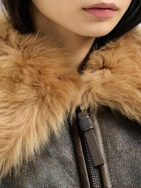 Brunello Cucinelli Vintage-effect Shearling Bomber Jacket With Shiny Zipper Pull