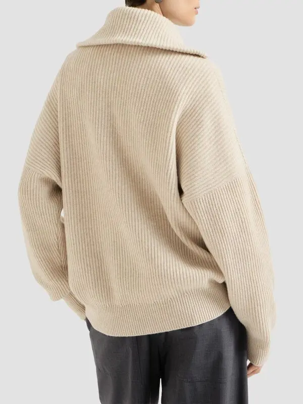 Brunello Cucinelli Cashmere English Rib Sweater With Shiny Zipper Pull