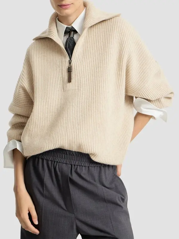 Brunello Cucinelli Cashmere English Rib Sweater With Shiny Zipper Pull