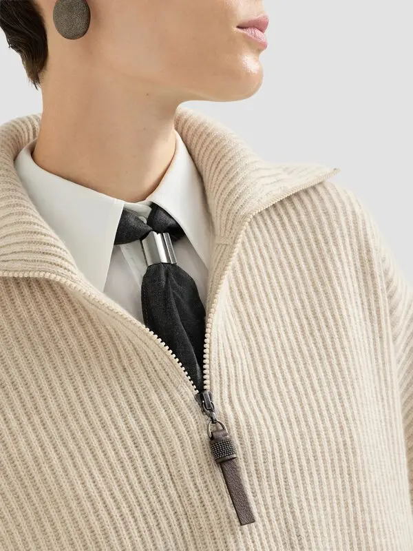 Brunello Cucinelli Cashmere English Rib Sweater With Shiny Zipper Pull