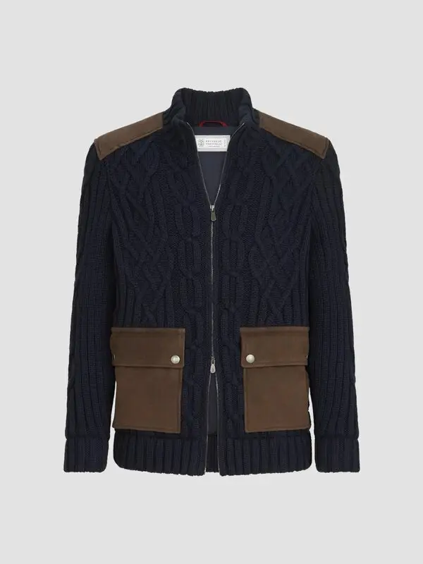 Brunello Cucinelli Cable Knit Cardigan In Cashmere Feather With Suede Inserts