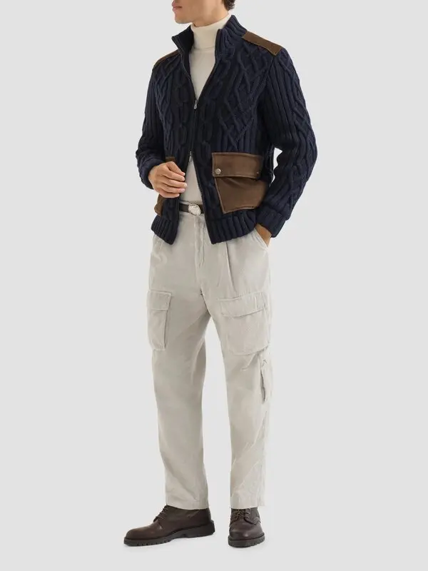 Brunello Cucinelli Cable Knit Cardigan In Cashmere Feather With Suede Inserts