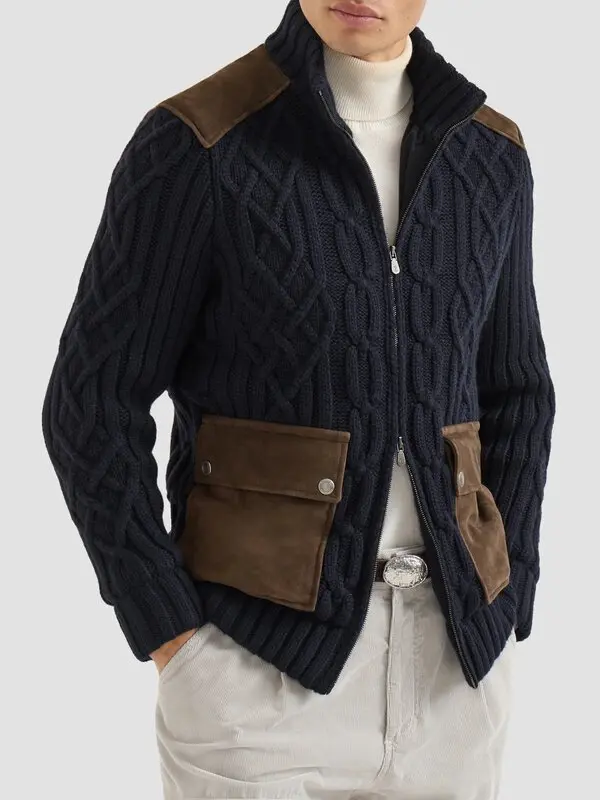 Brunello Cucinelli Cable Knit Cardigan In Cashmere Feather With Suede Inserts