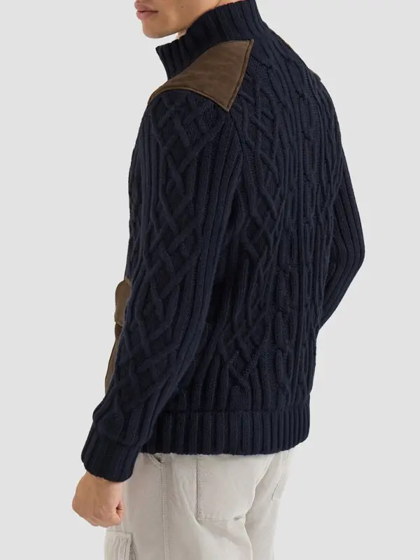 Brunello Cucinelli Cable Knit Cardigan In Cashmere Feather With Suede Inserts