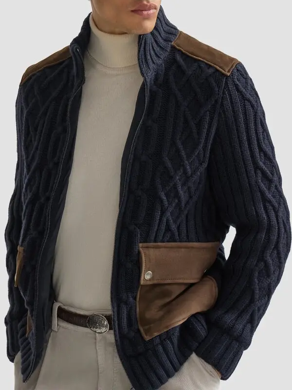Brunello Cucinelli Cable Knit Cardigan In Cashmere Feather With Suede Inserts