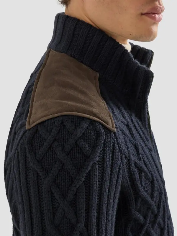 Brunello Cucinelli Cable Knit Cardigan In Cashmere Feather With Suede Inserts