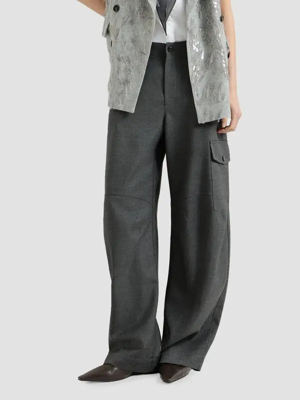 Brunello Cucinelli Virgin Wool Twill Cargo Barrel Trousers With Monili