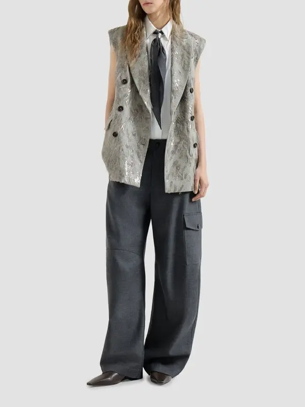 Brunello Cucinelli Virgin Wool Twill Cargo Barrel Trousers With Monili