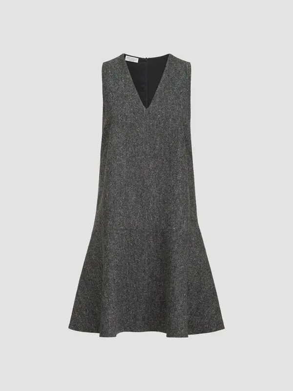 Brunello Cucinelli Virgin Wool Donegal Mini Dress With Monili - Anthracite