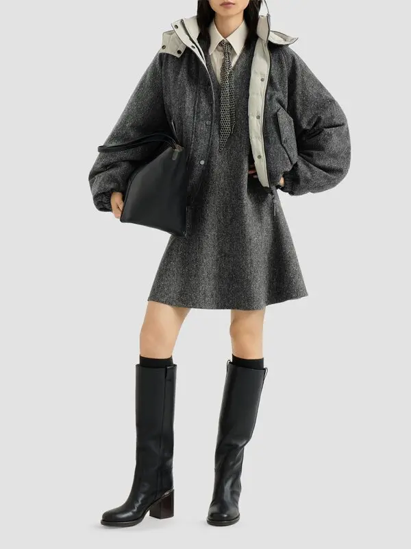 Brunello Cucinelli Virgin Wool Donegal Mini Dress With Monili - Anthracite