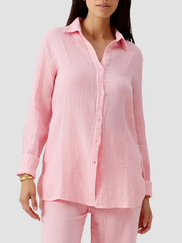 Melissa Odabash Leona Crinkled Cotton Button-down Shirt - Rose