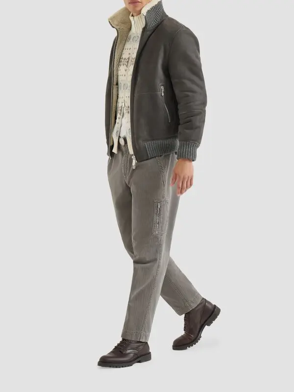 Brunello Cucinelli Cotton Chevron Trousers With Zipped Pocket