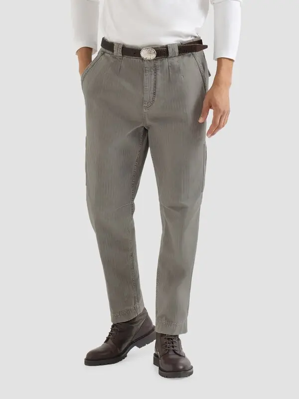 Brunello Cucinelli Cotton Chevron Trousers With Zipped Pocket