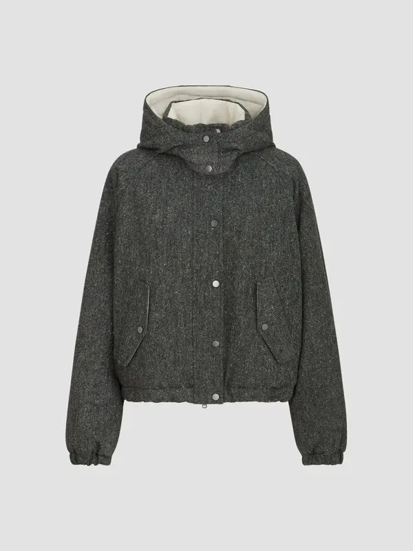 Brunello Cucinelli Virgin Wool Donegal Down Jacket With Detachable Hood And Shiny Zipper Pull