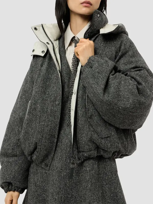 Brunello Cucinelli Virgin Wool Donegal Down Jacket With Detachable Hood And Shiny Zipper Pull