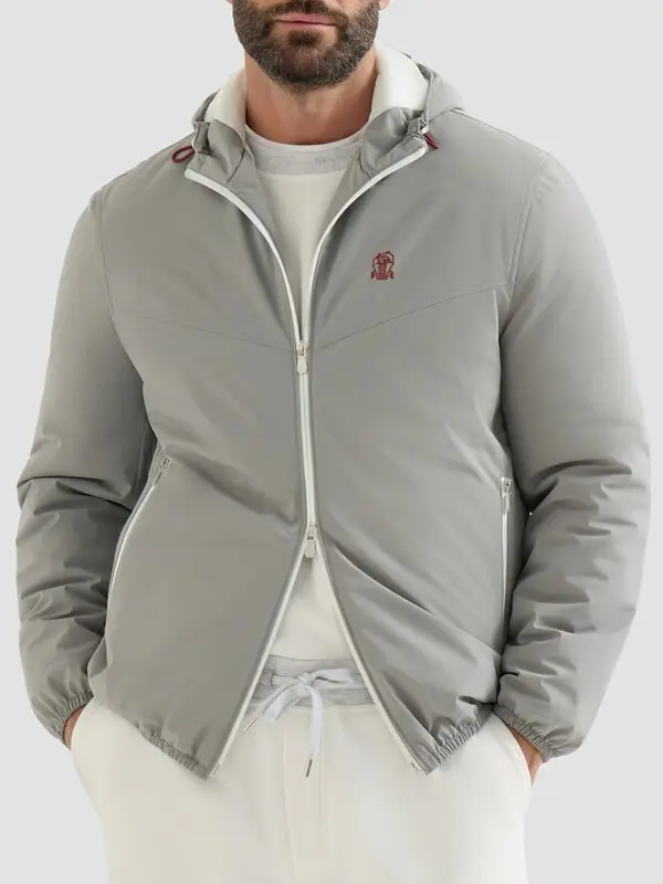 Brunello Cucinelli Bonded Nylon Hooded Outerwear Jacket With Thermore Padding And Logo - Grey