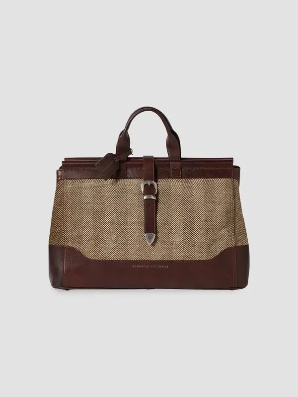 Brunello Cucinelli Burnished Calfskin And Chevron-effect Techno Fabric Doctor Bag