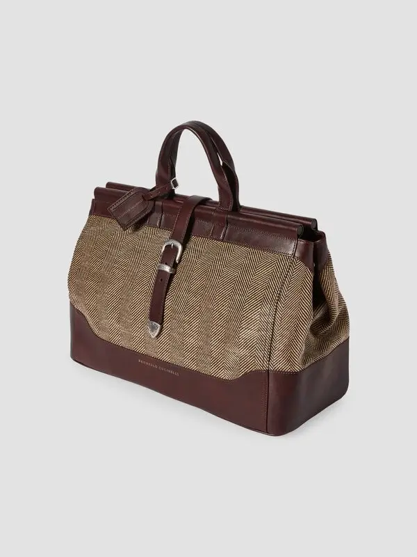 Brunello Cucinelli Burnished Calfskin And Chevron-effect Techno Fabric Doctor Bag