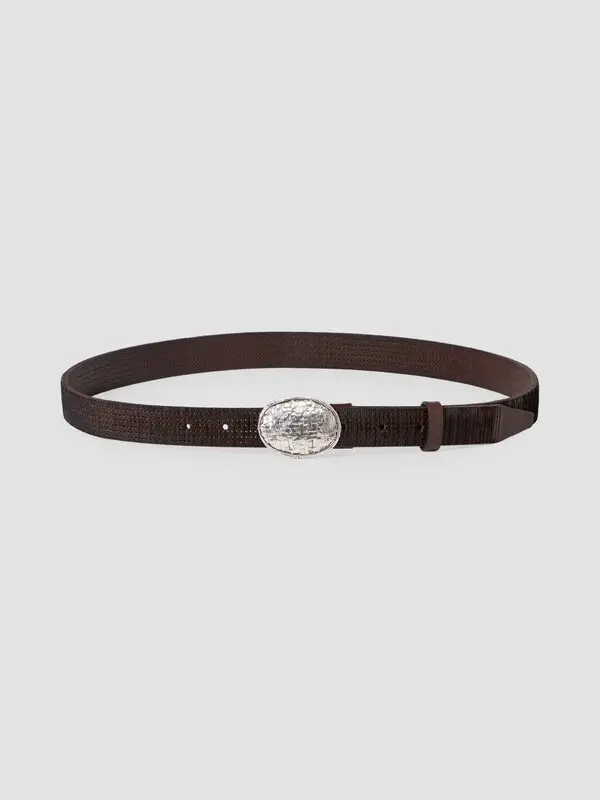Brunello Cucinelli Textured Calfskin Belt With Braided Metal Buckle - Rust Brown