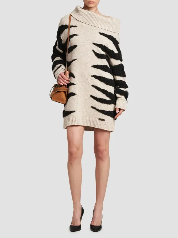 Moschino Zebra-pattern Wool-blend Off-shoulder Mini Dress