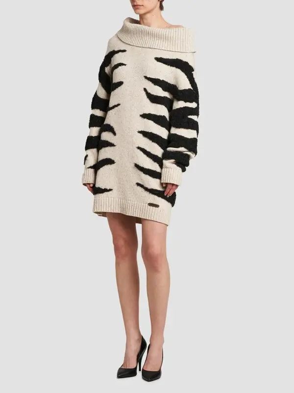 Moschino Zebra-pattern Wool-blend Off-shoulder Mini Dress