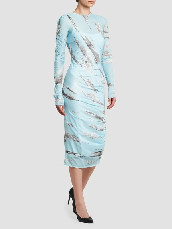 Moschino Ruched Abstract Stretch-tulle Midi Dress